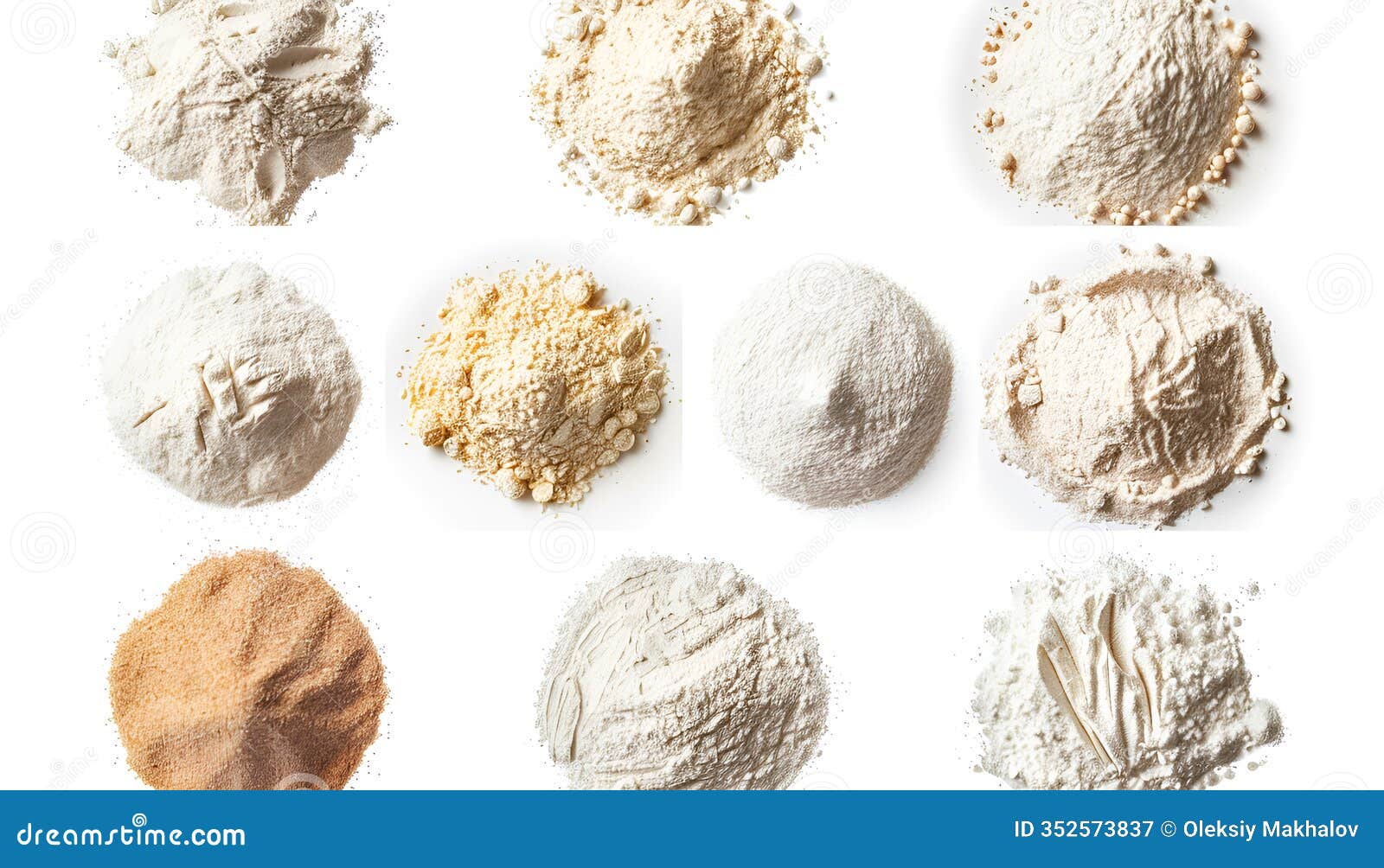 Different Types of Flour on White Background, Top and Side Views ...