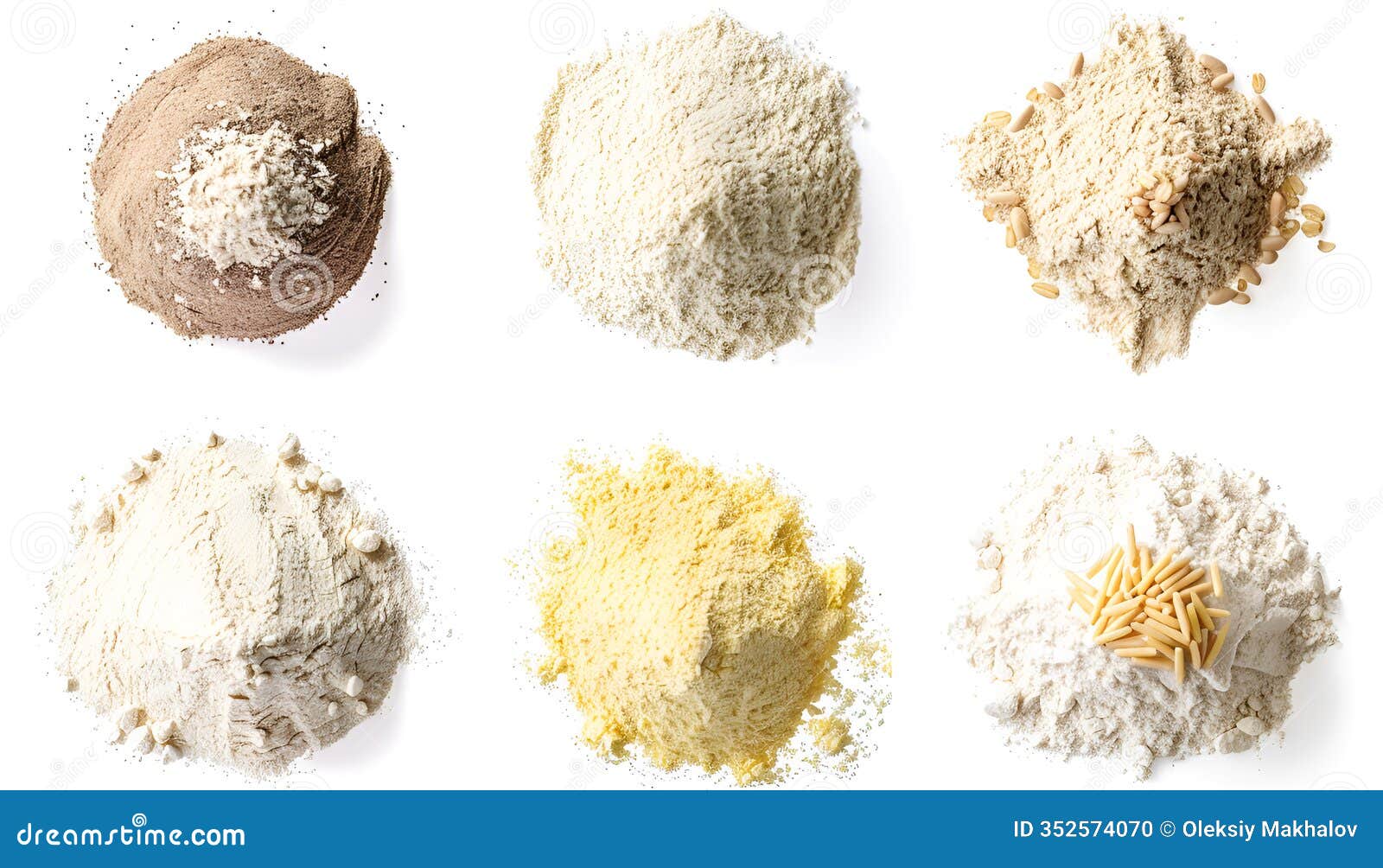 Different Types of Flour on White Background, Top and Side Views ...