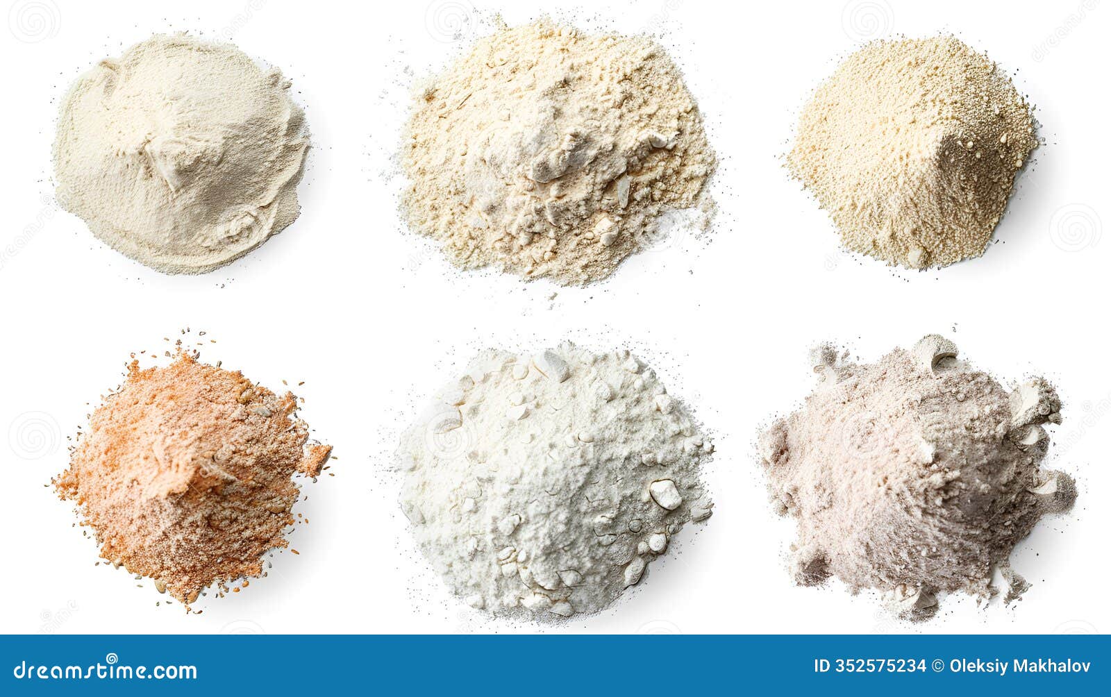 Different Types of Flour on White Background, Top and Side Views ...