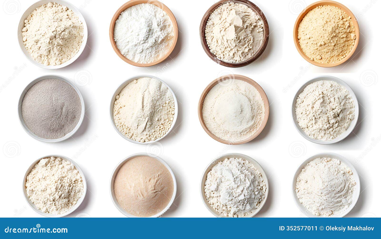 Different Types of Flour on White Background, Top and Side Views ...
