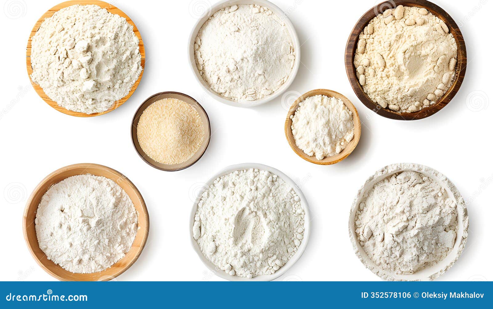 Different Types of Flour on White Background, Top and Side Views ...