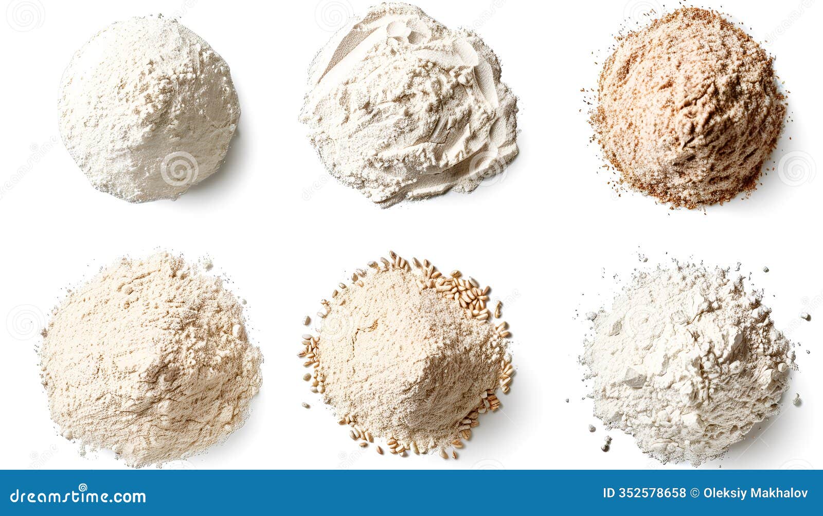 Different Types of Flour on White Background, Top and Side Views ...