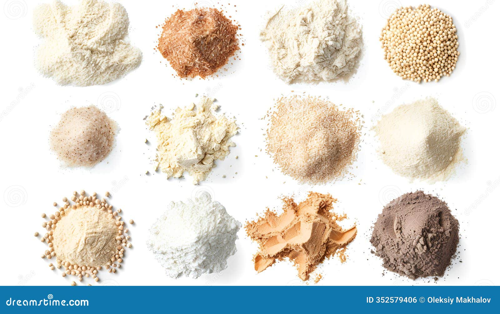 Different Types of Flour on White Background, Top and Side Views ...