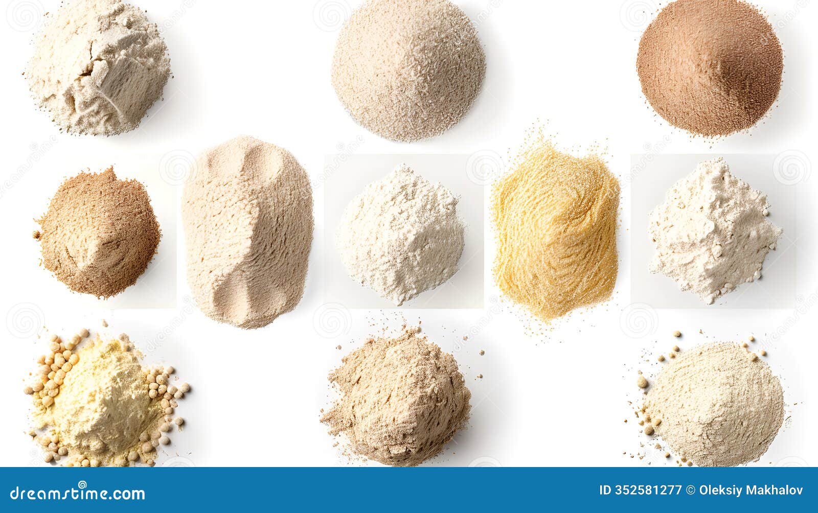 Different Types of Flour on White Background, Top and Side Views ...
