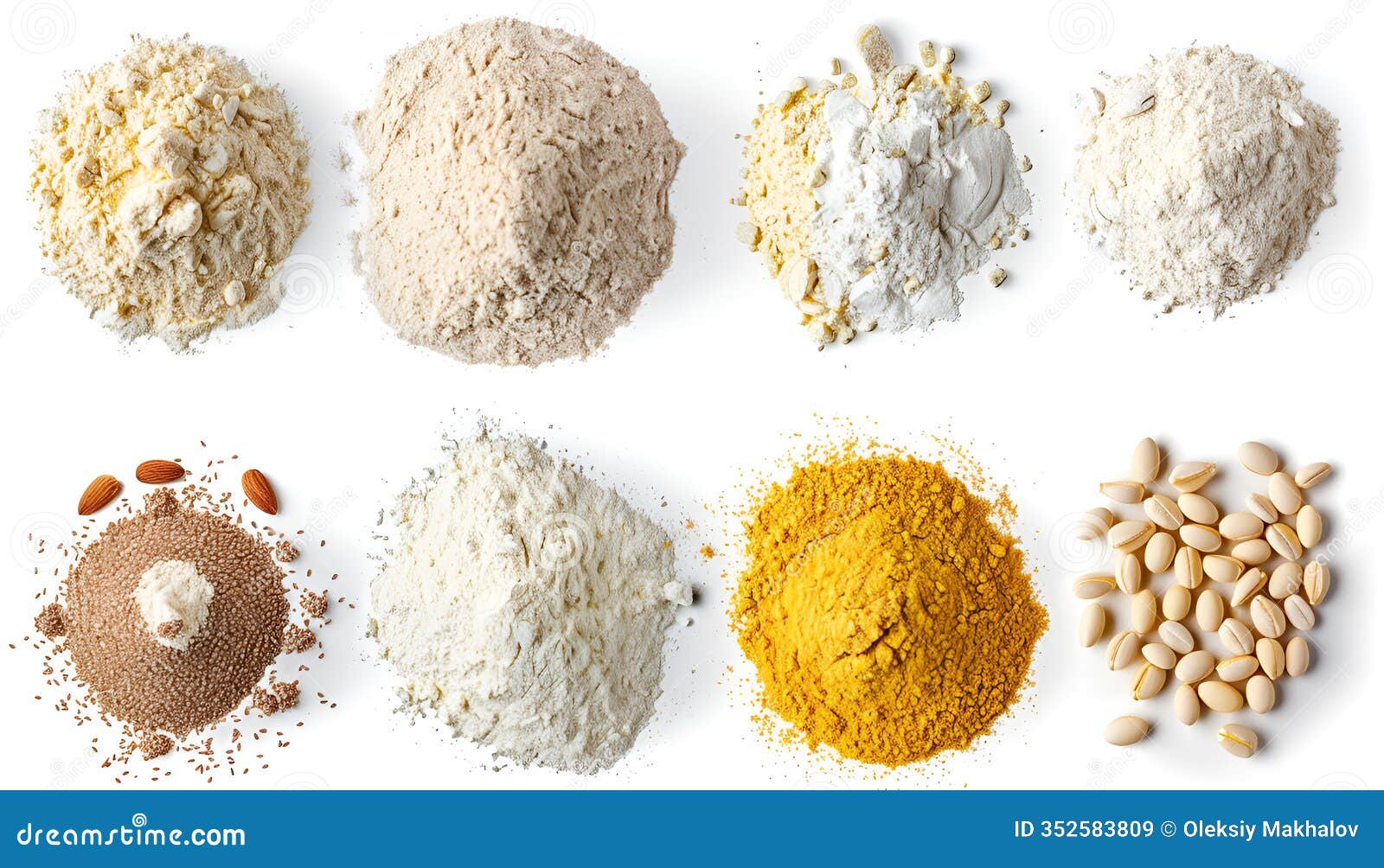 Different Types of Flour on White Background, Top and Side Views ...