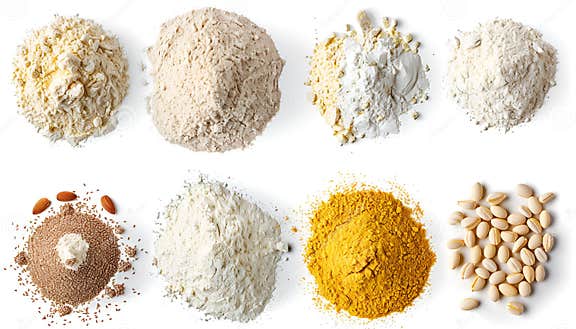 Different Types of Flour on White Background, Top and Side Views ...