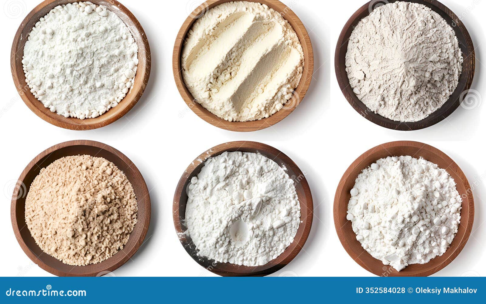Different Types of Flour on White Background, Top and Side Views ...
