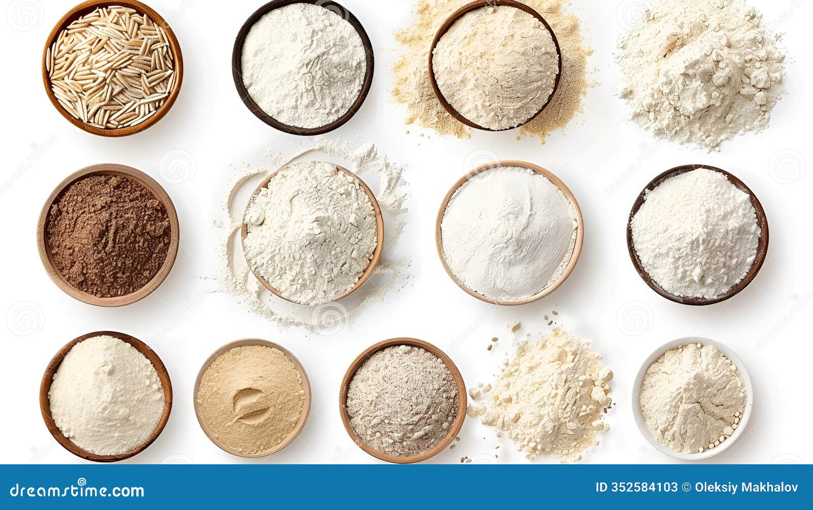 Different Types of Flour on White Background, Top and Side Views ...