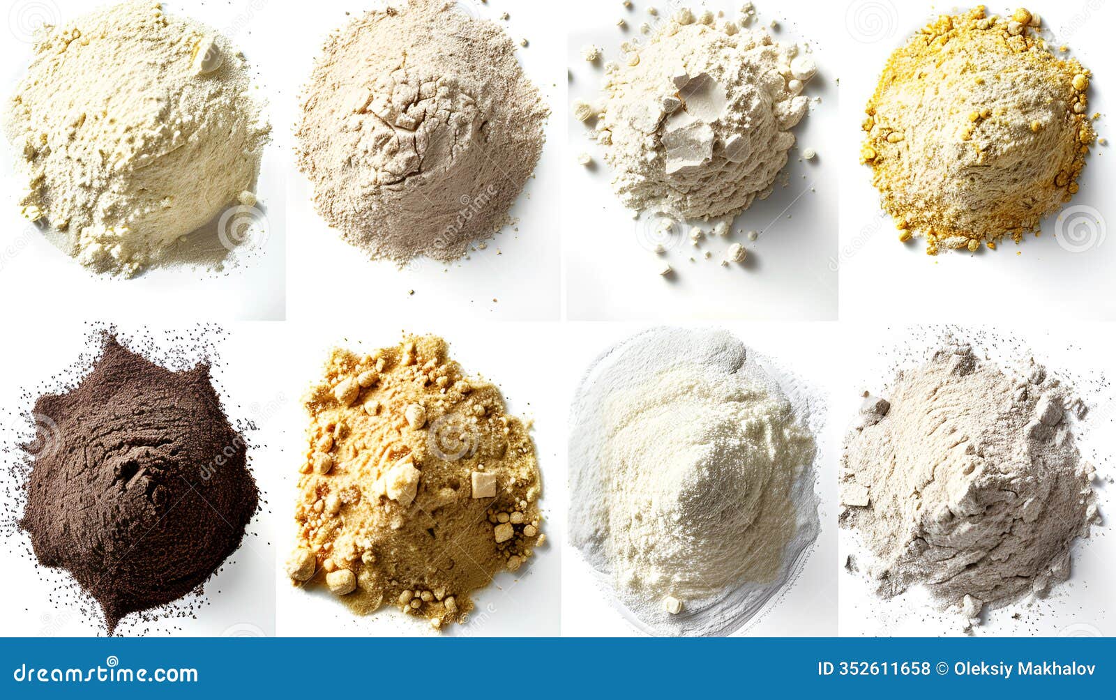 Different Types of Flour on White Background, Top and Side Views ...