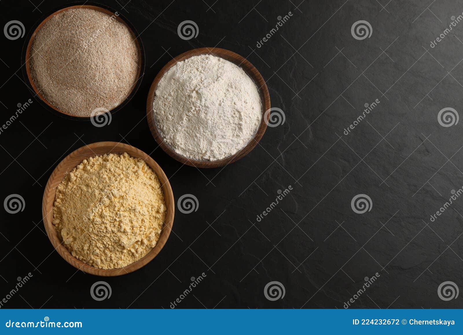 Different Types of Flours on Black Table, Flat Lay. Space for Text ...