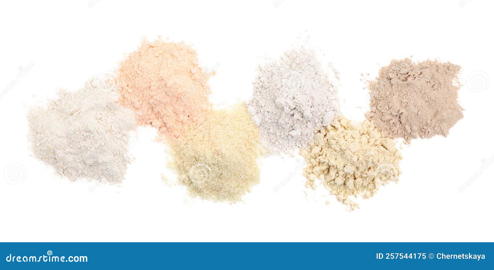 Different Types of Flours on White Background, Top View Stock Image ...
