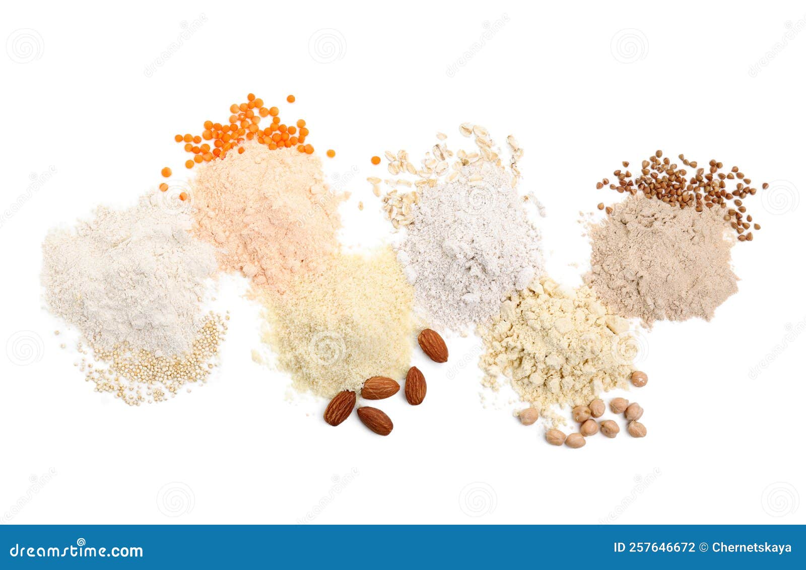 Different Types of Flours on White Background, Top View Stock Photo ...
