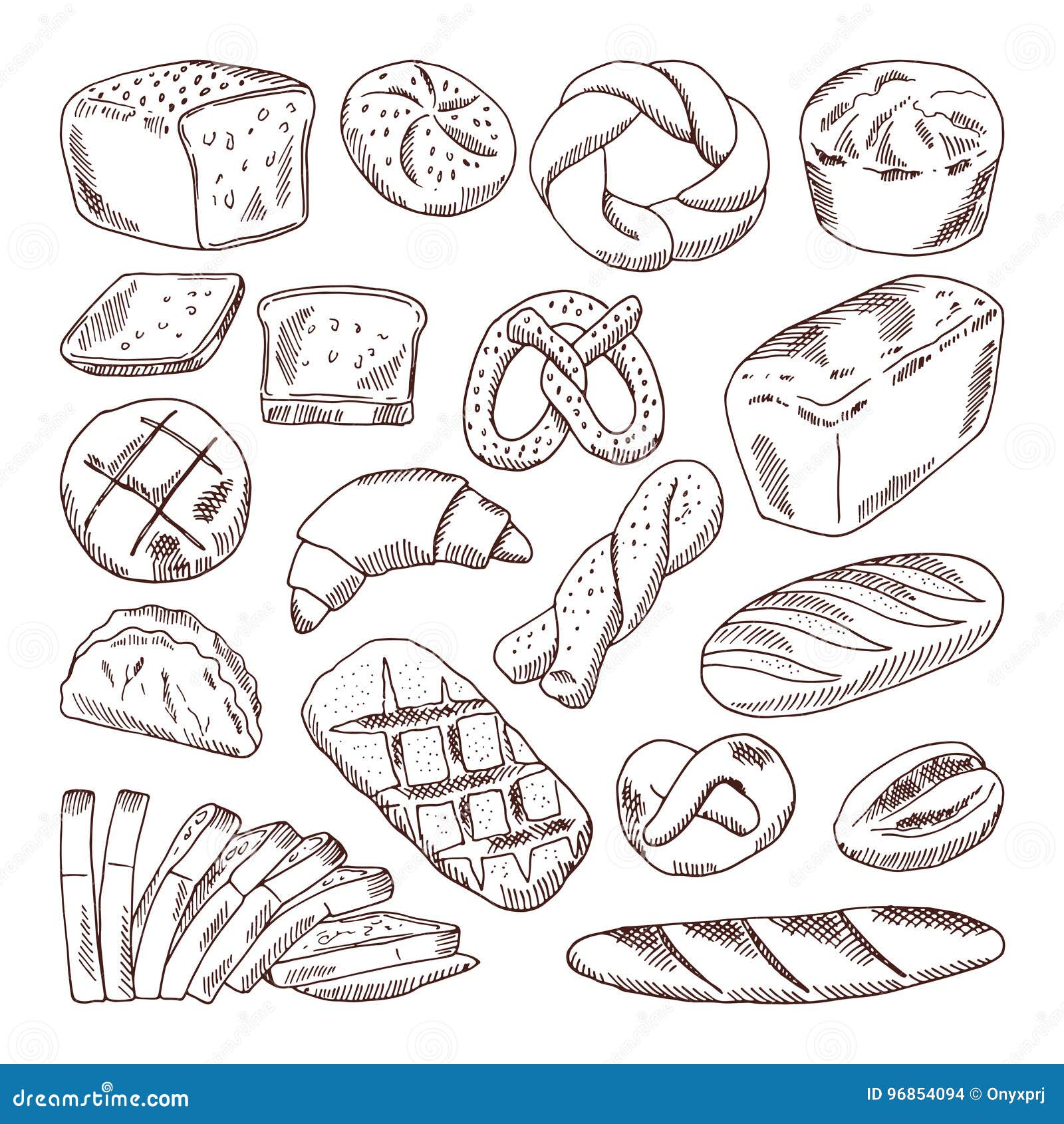 Different Types of Fresh Bread. Vector Hand Drawn Illustrations of ...