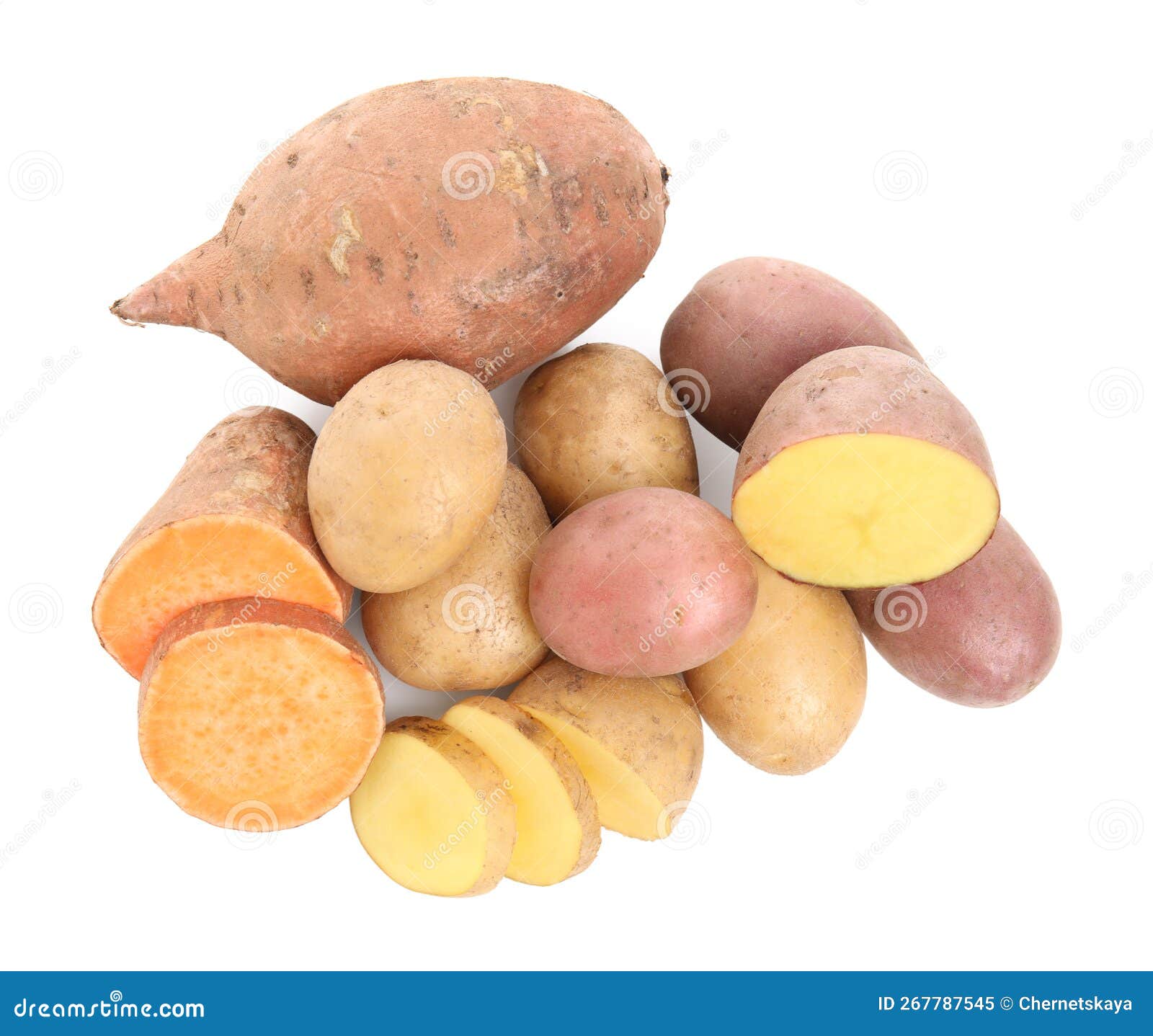 Different Types of Fresh Potatoes on White Background, Top View Stock ...