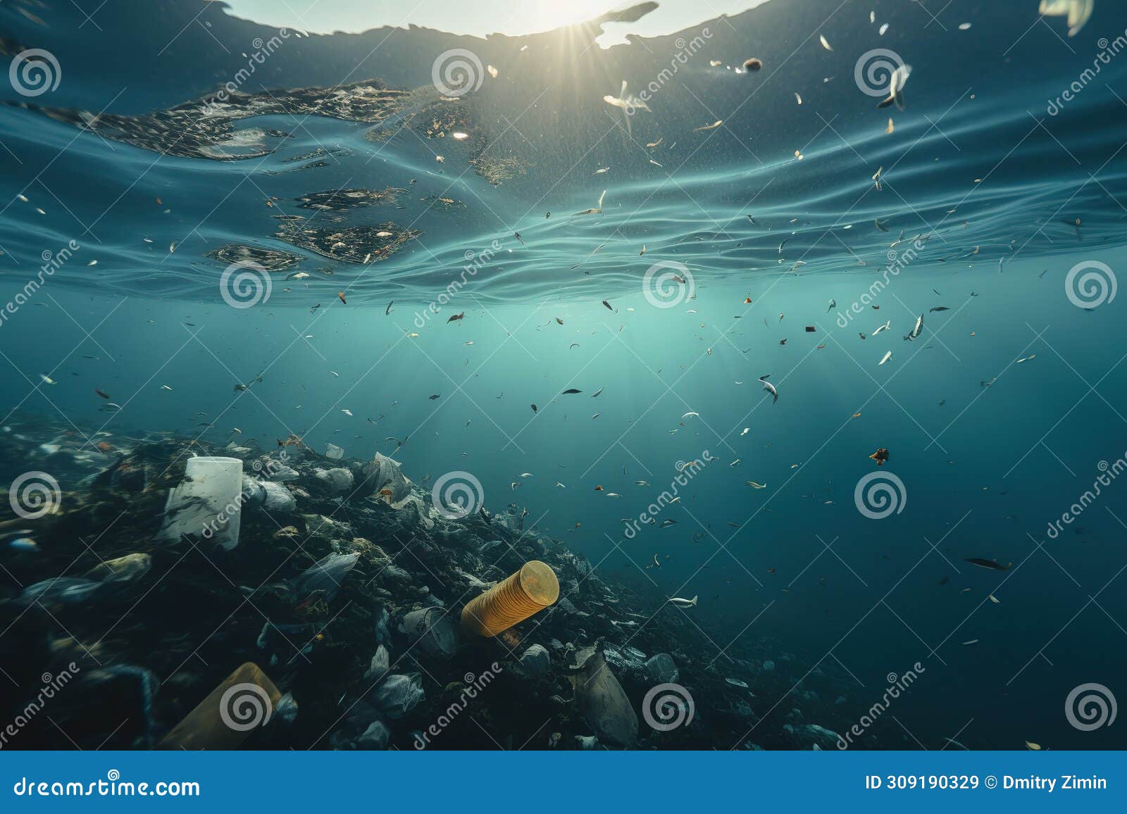 Different Types of Garbage Underwater in Blue Sea or Ocean. Floating ...