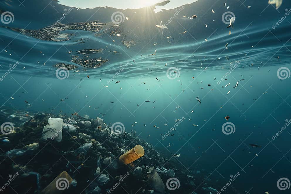 Different Types of Garbage Underwater in Blue Sea or Ocean. Floating ...