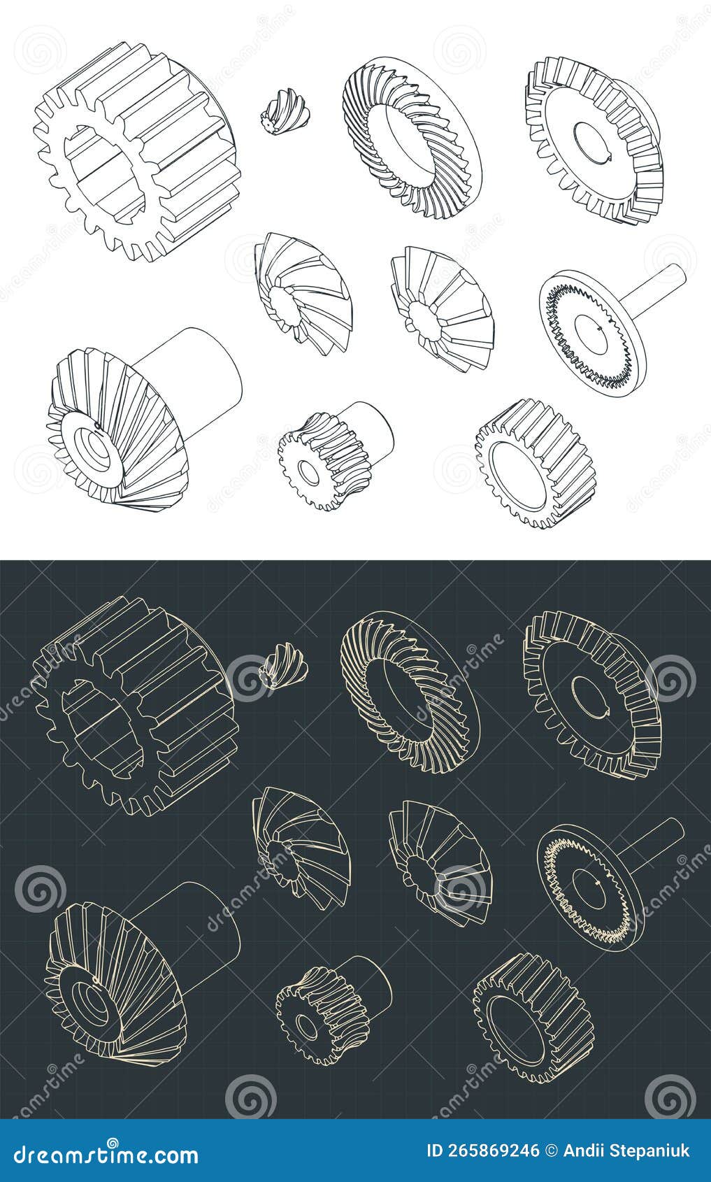 Different Types Of Gears Isometric Blueprints Vector Illustration ...