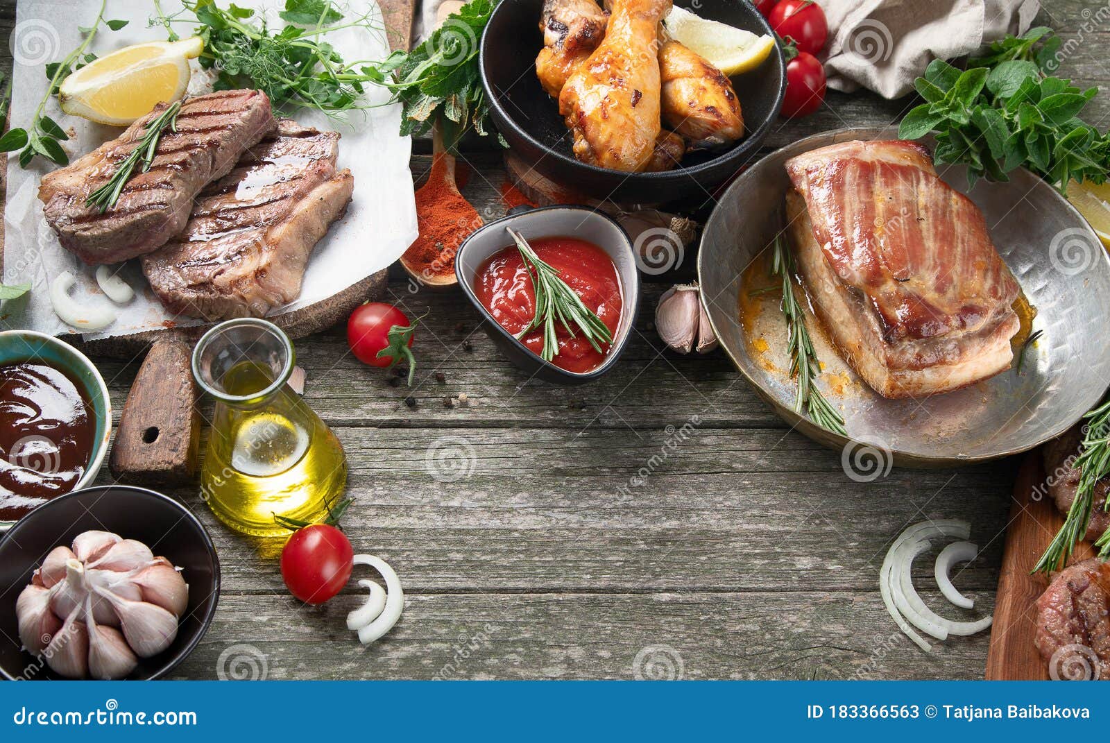 Grilled Meat on Rustic Wooden Table Stock Image - Image of meat ...