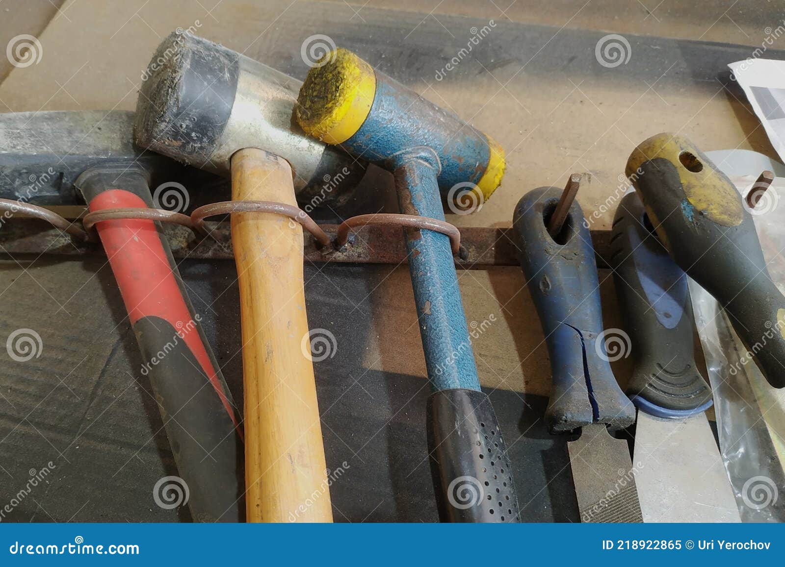 Different Types of Hammers and Other Tools are Lying on the Table Stock ...