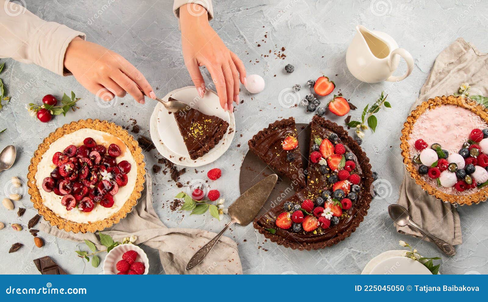 Different Types of Homemade Tarts on Light Gray Background Stock Photo ...