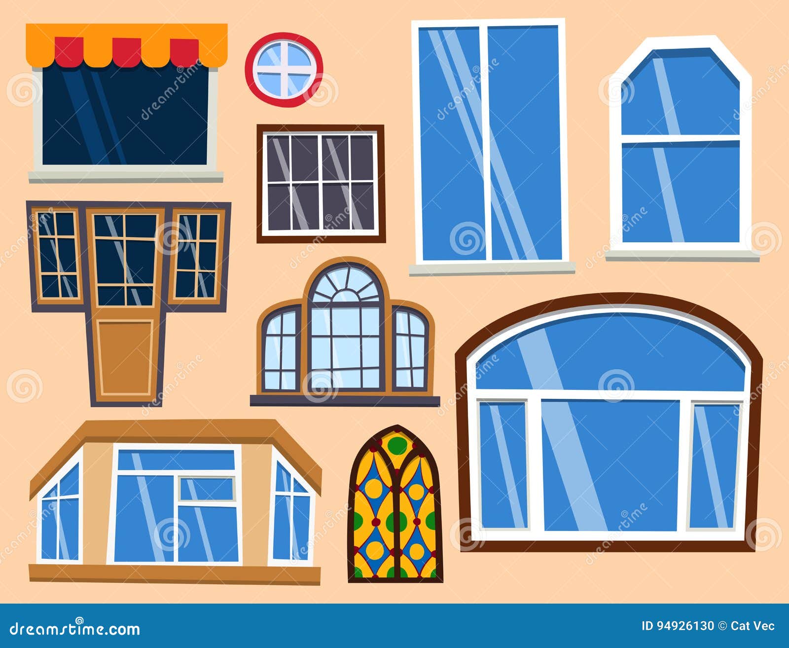 Different Types House Windows Elements Flat Style Frames Construction ...