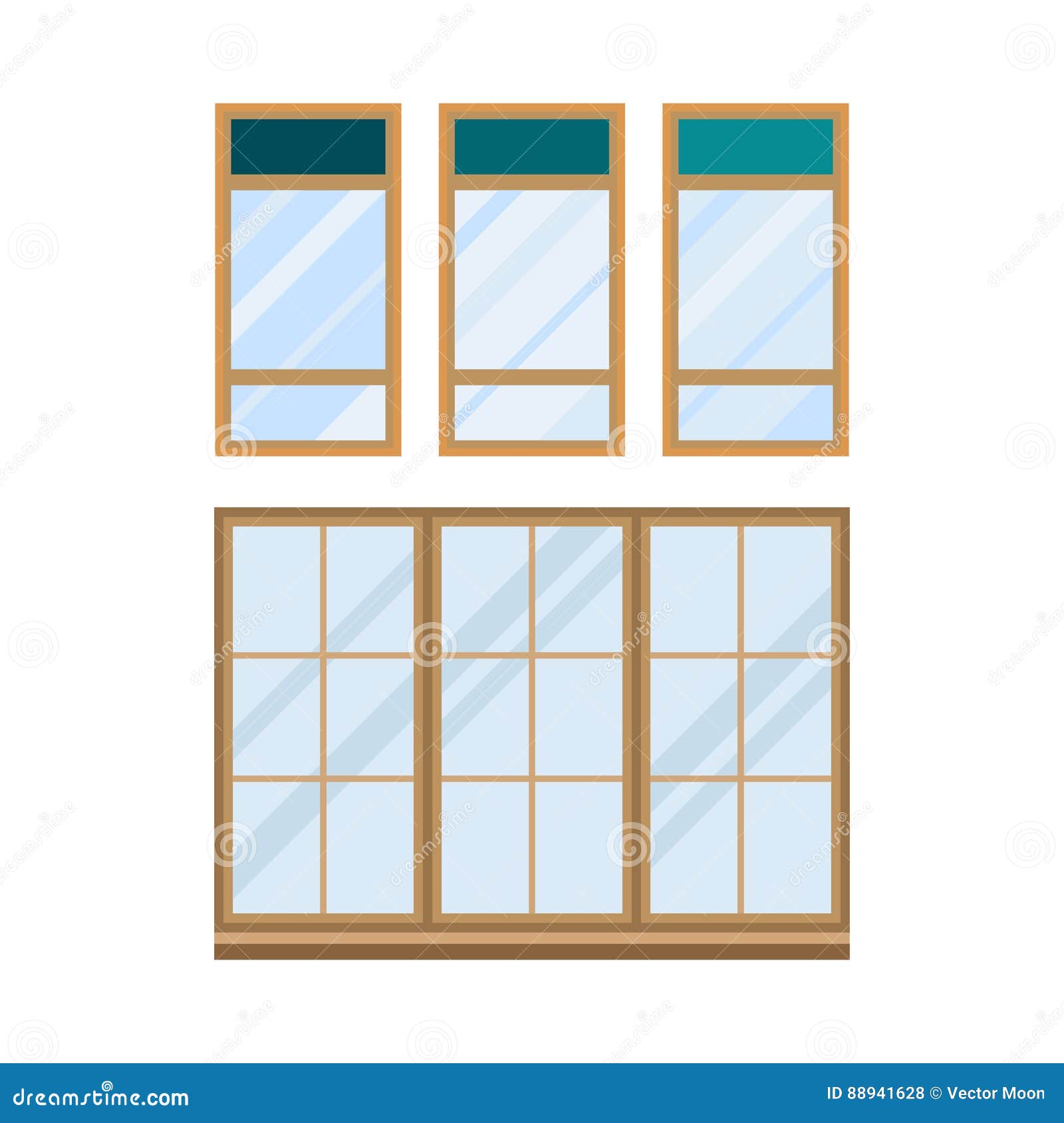 Different Types House Windows Elements Isolated Set Flat Style Frames ...