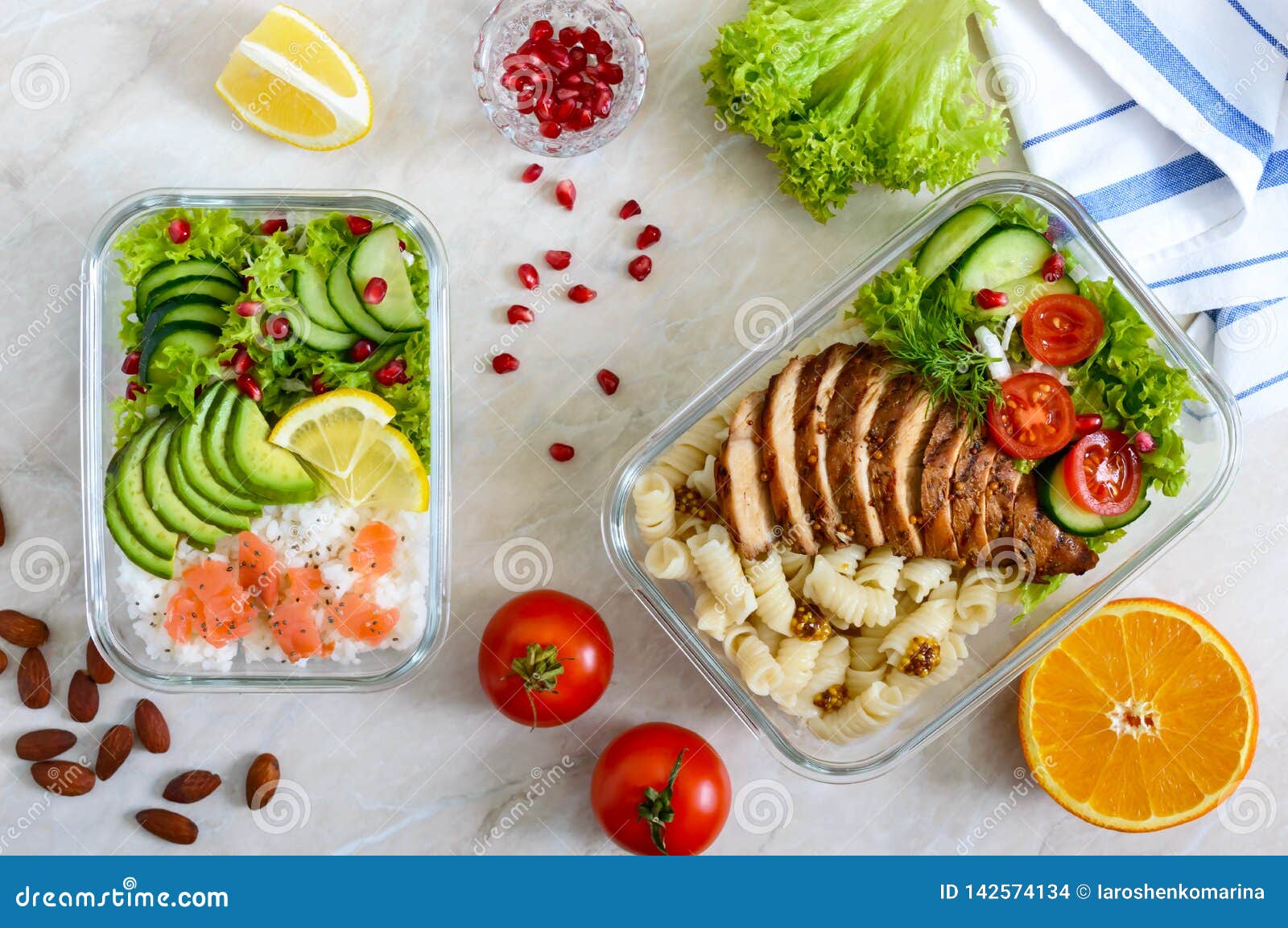 Different Types of Lunch Boxes. Top View, Flat Lay. Delicious Healthy ...