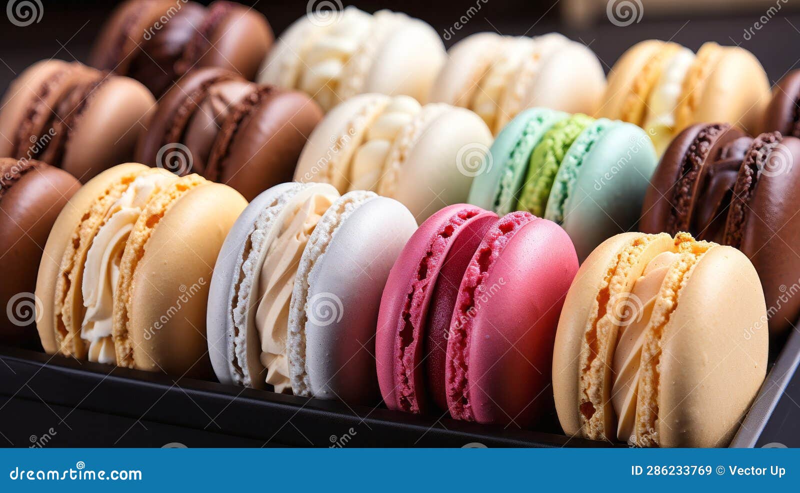 Different Types of Macaroons in Box Close Up. Generative AI. Stock ...