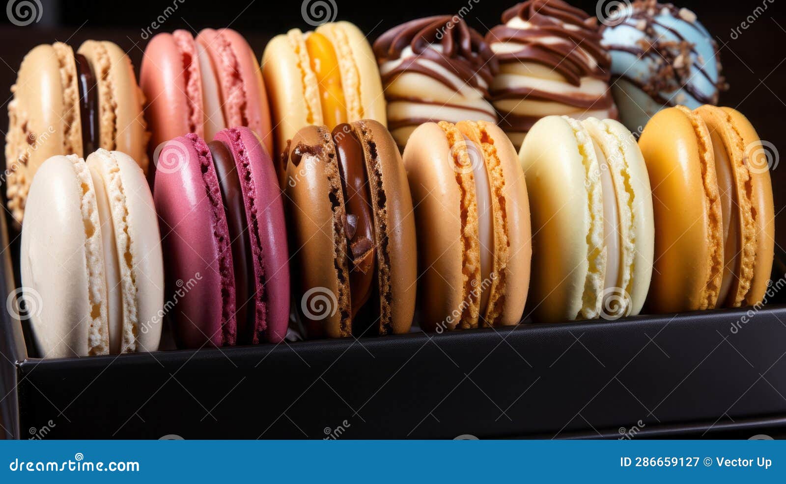 Different Types of Macaroons in Box Close Up. Generative AI. Stock ...