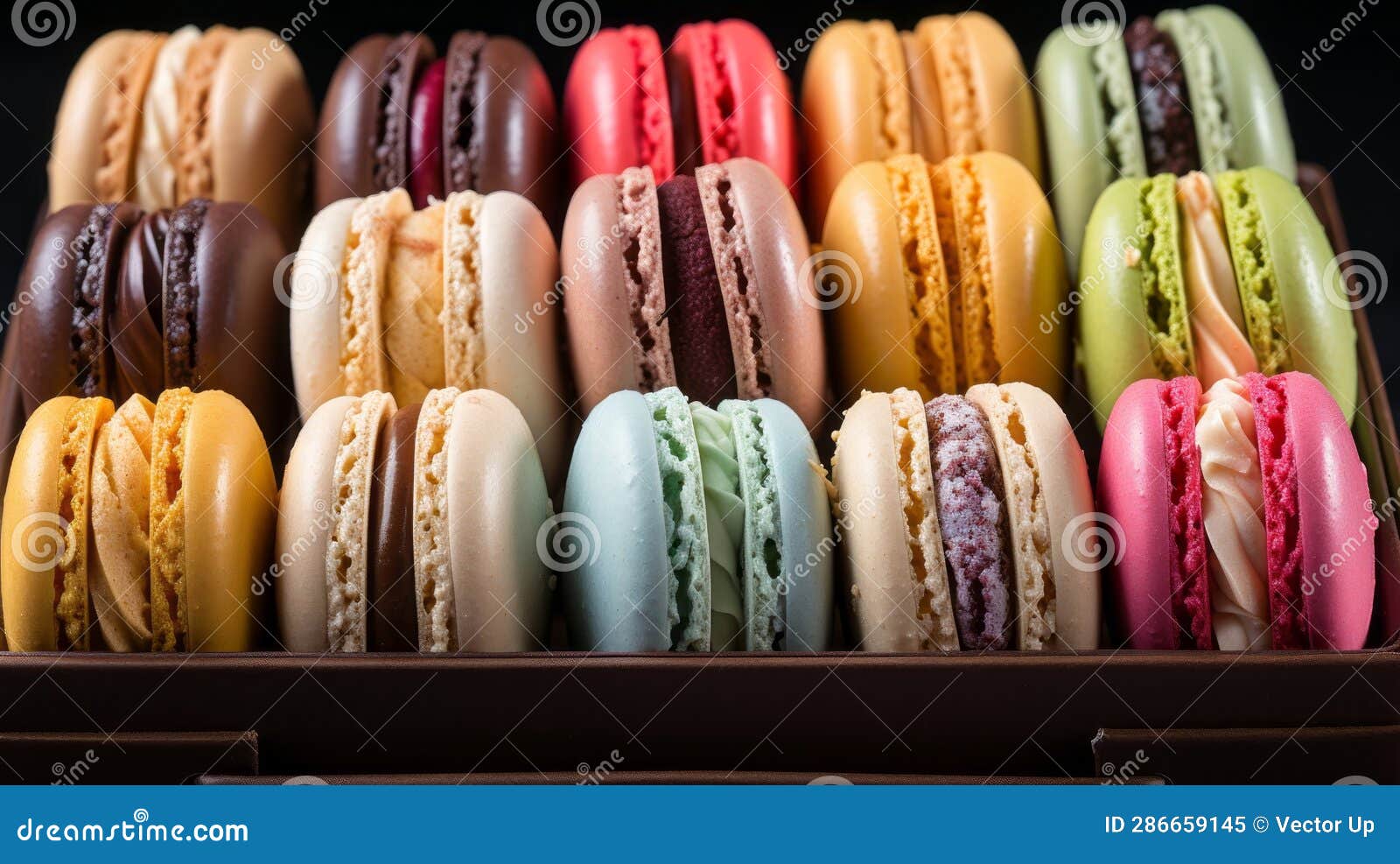 Different Types of Macaroons in Box Close Up. Generative AI. Stock ...