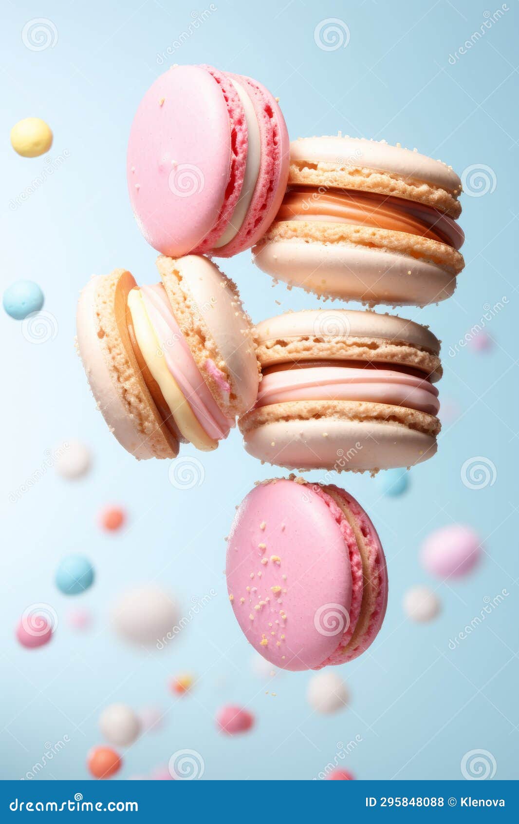 Different Types of Macaroons in Motion Falling on a Colorful Background ...