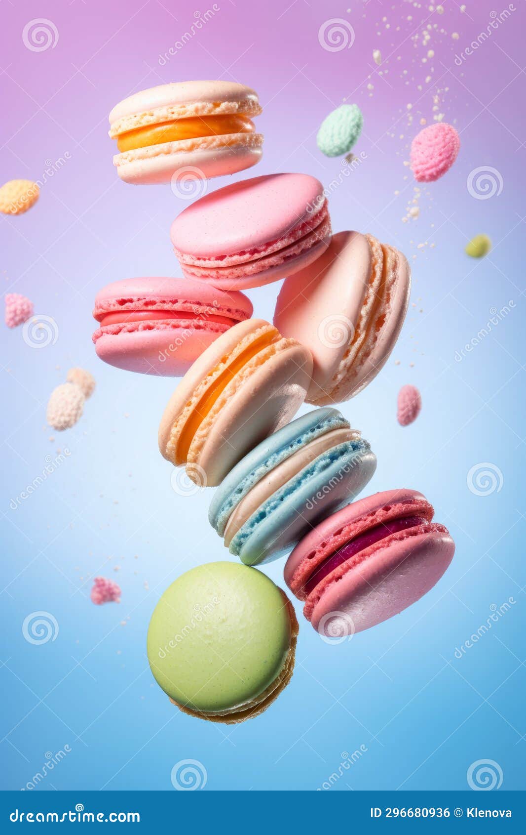 Different Types of Macaroons in Motion Falling on a Colorful Background ...