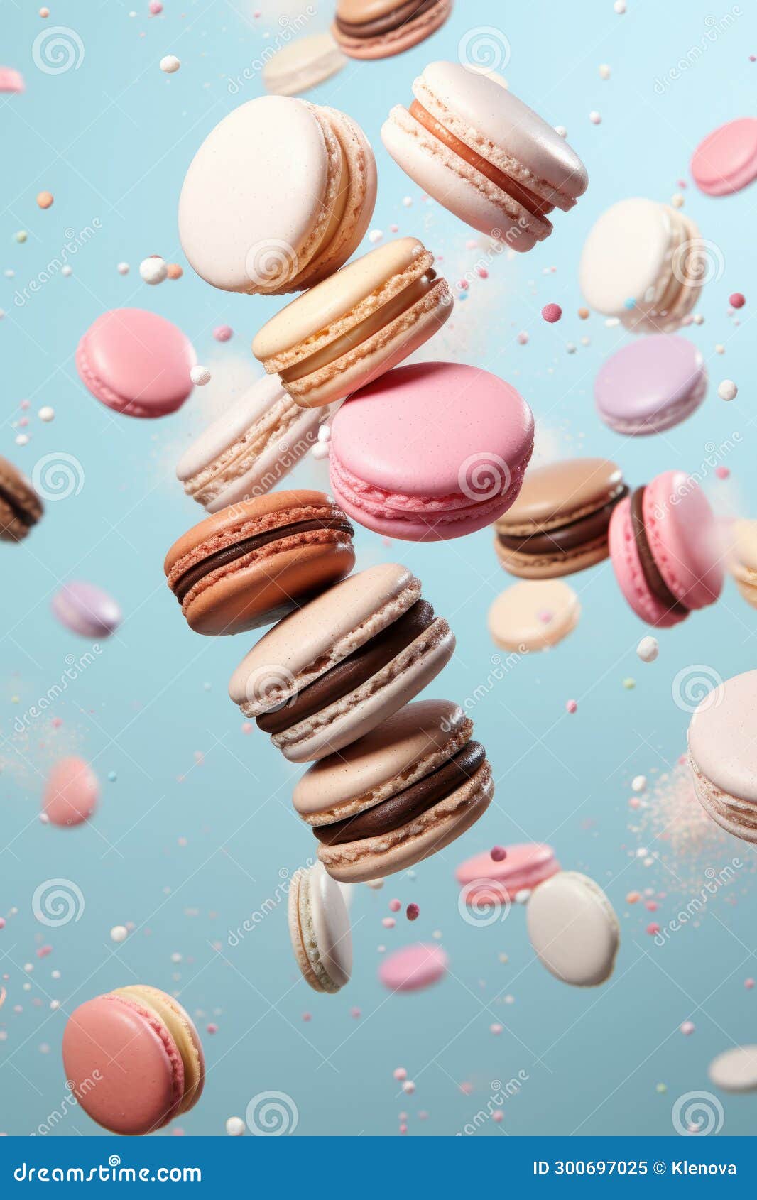 Different Types of Macaroons in Motion Falling on a Colorful Background ...