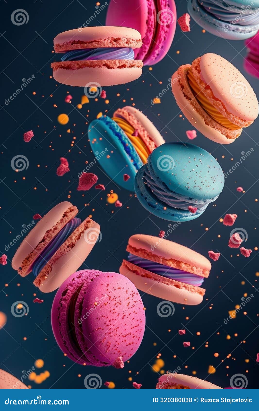 Different Types of Macaroons in Motion Falling on Dark Background Ai ...