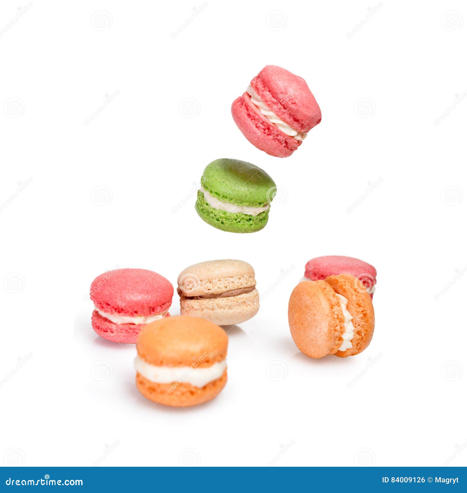Different Types of Macaroons in Motion Falling or Flying on White ...