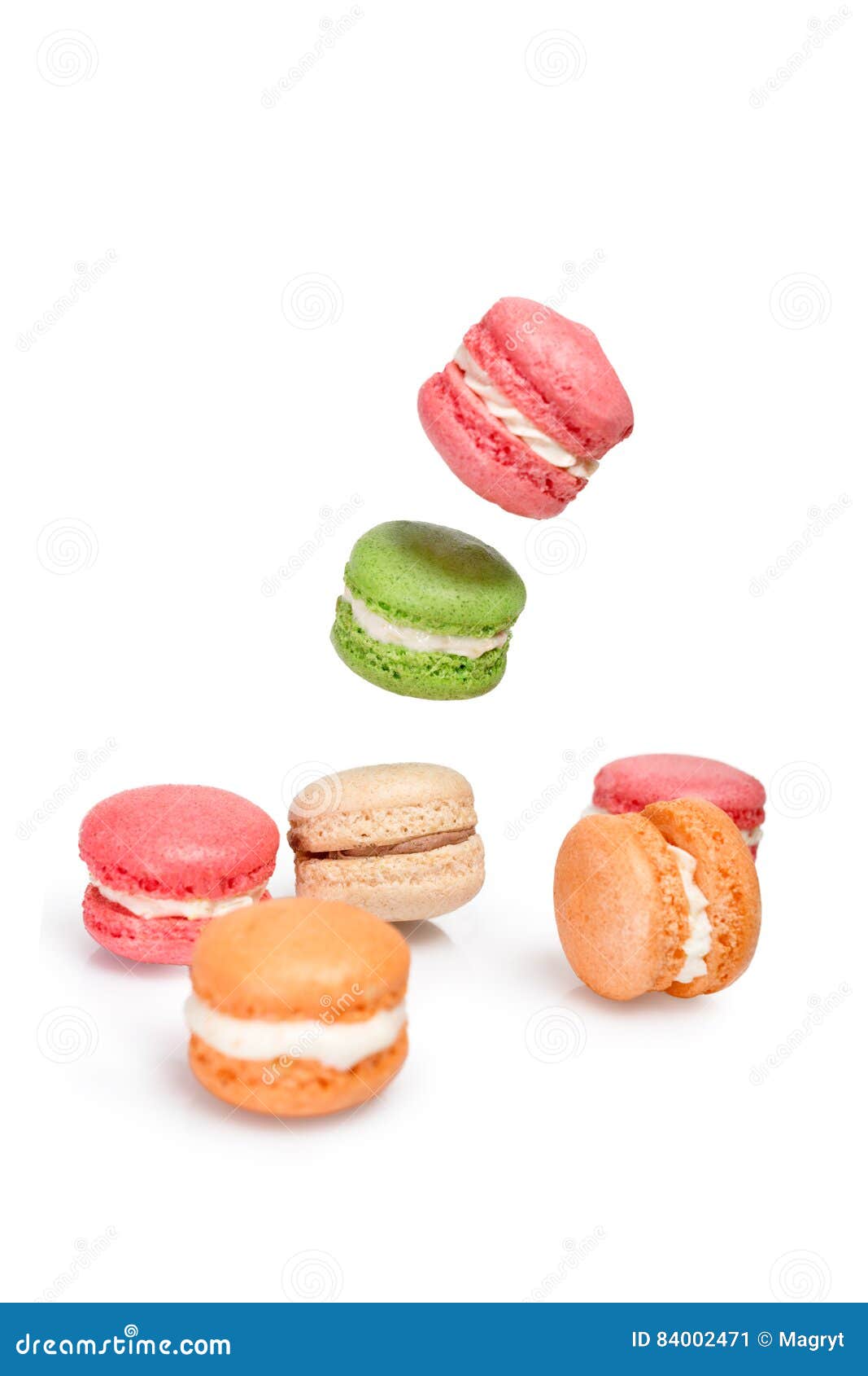 Different Types of Macaroons in Motion Falling or Flying on White ...