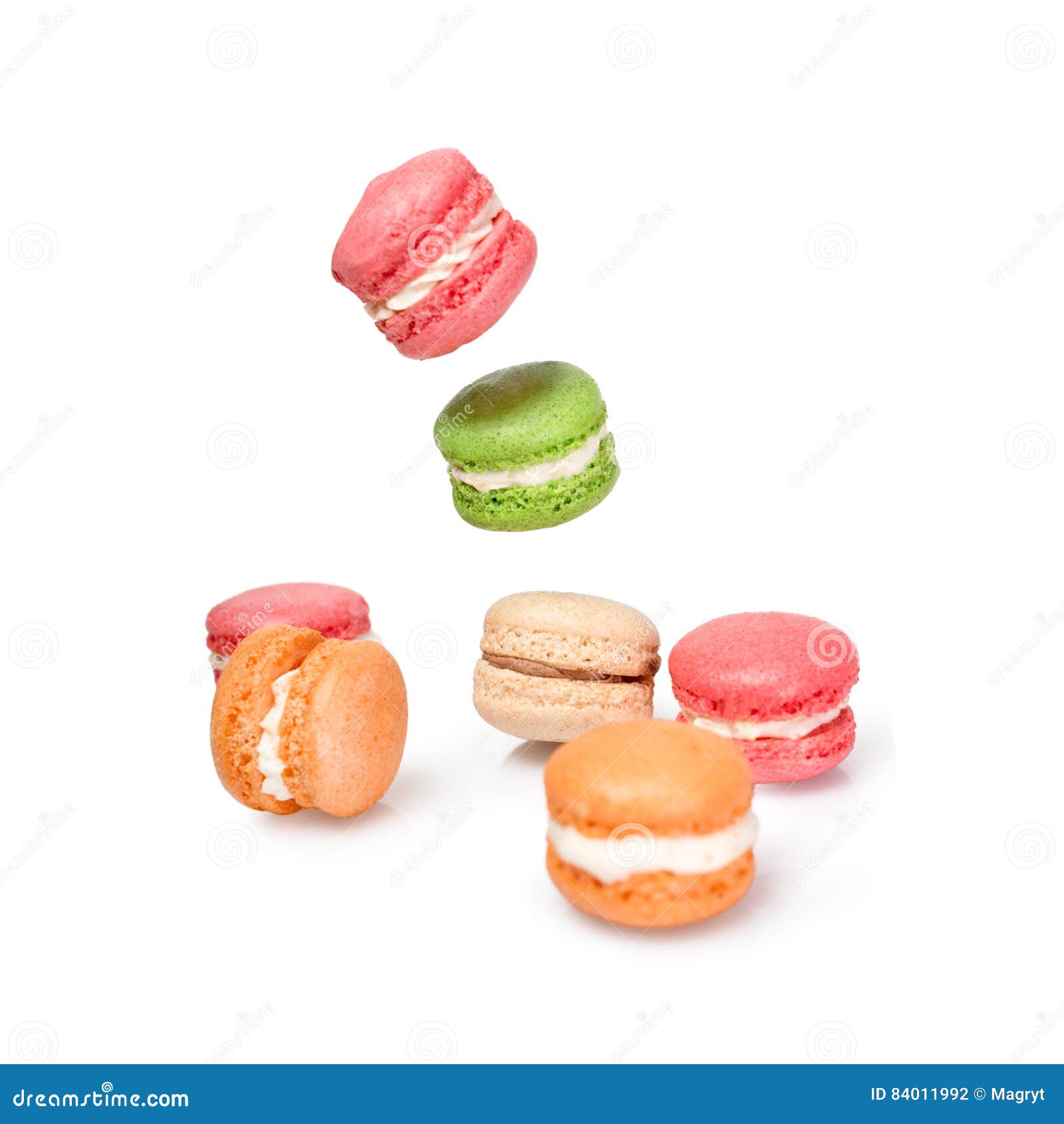 Different Types Of Macaroons In Motion Falling Or Flying On White ...