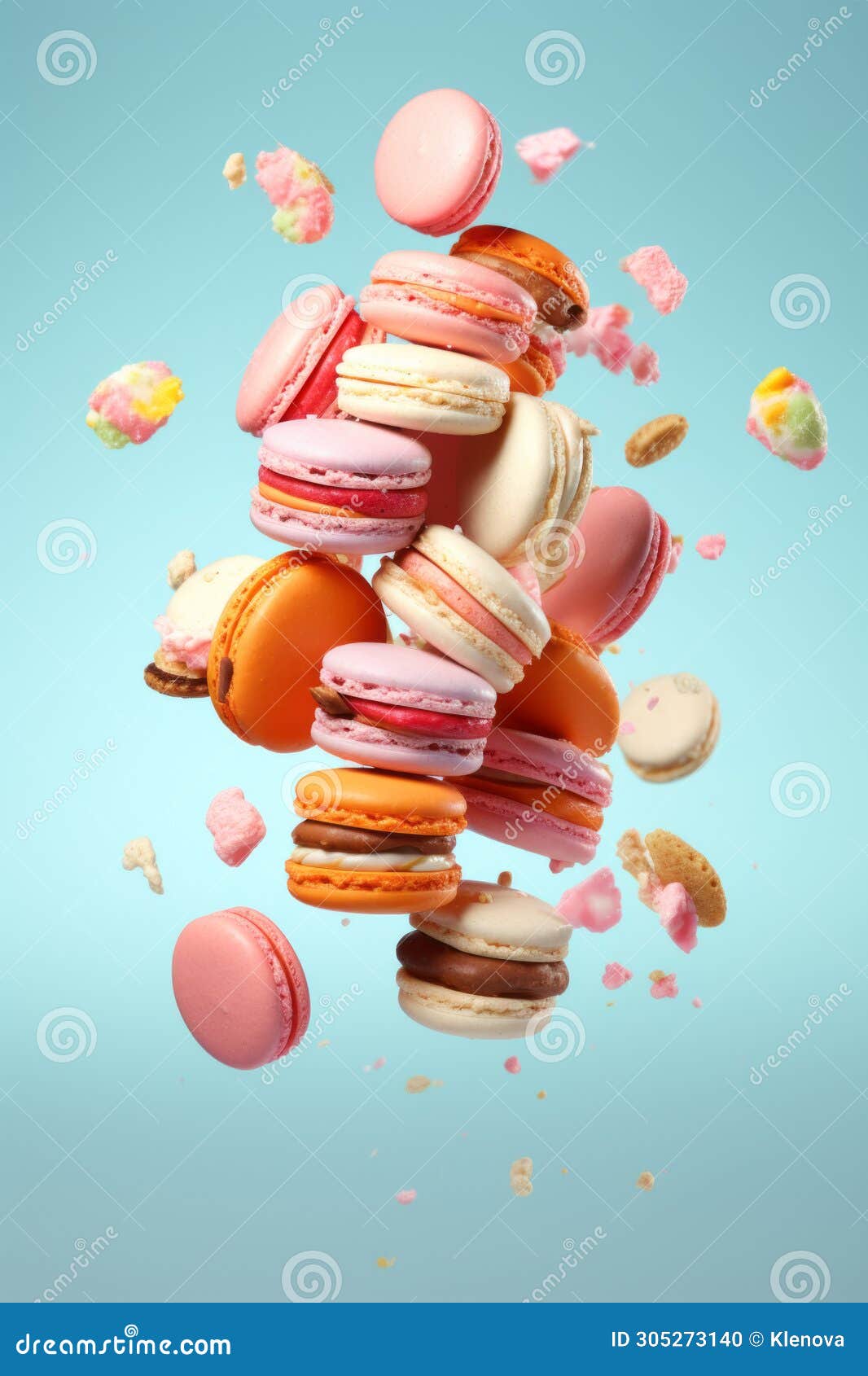 Different Types of Macaroons in Motion Falling on Light Blue Background ...