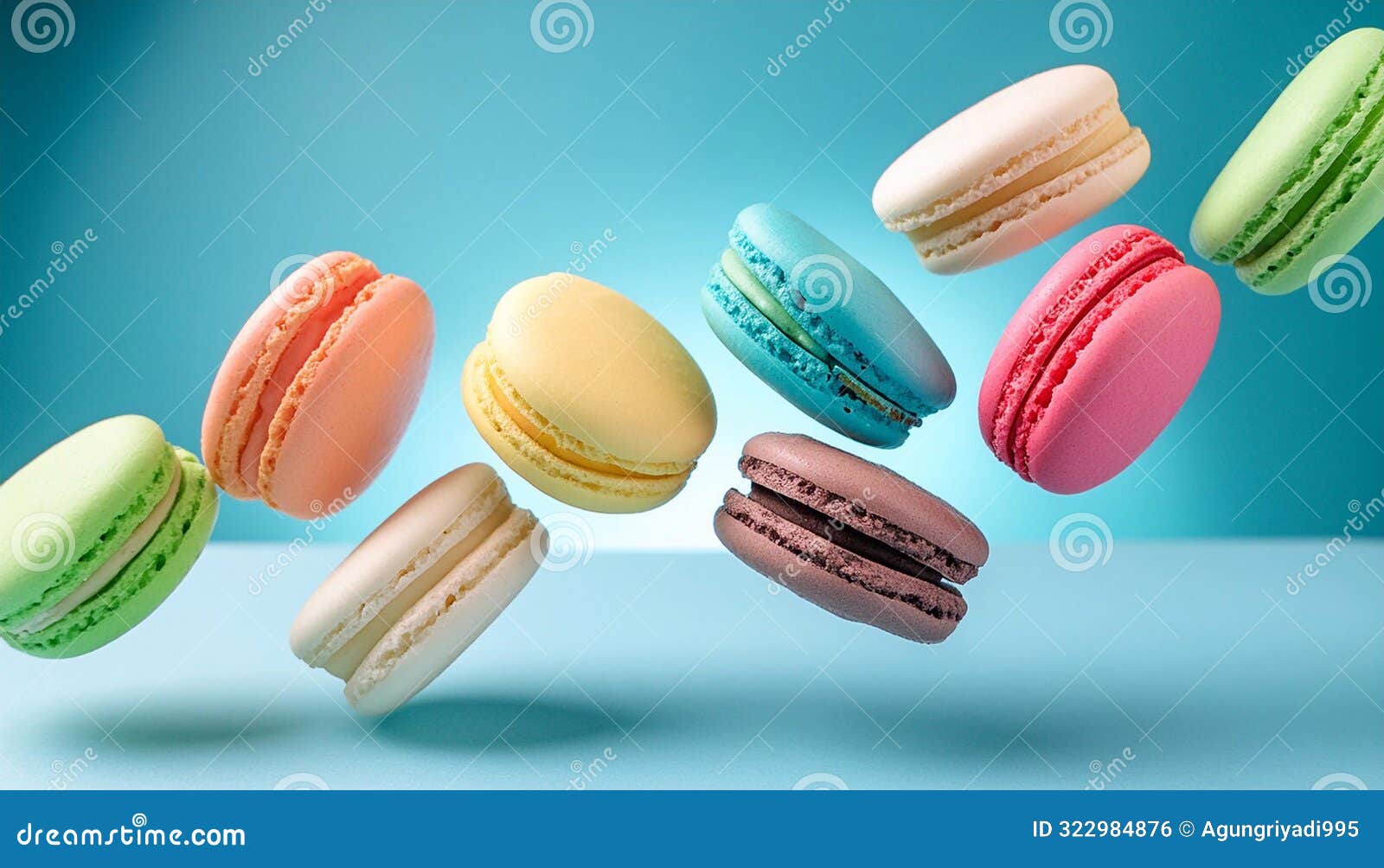 Different Types of Macaroons in Motion Falling on Light Blue Background ...