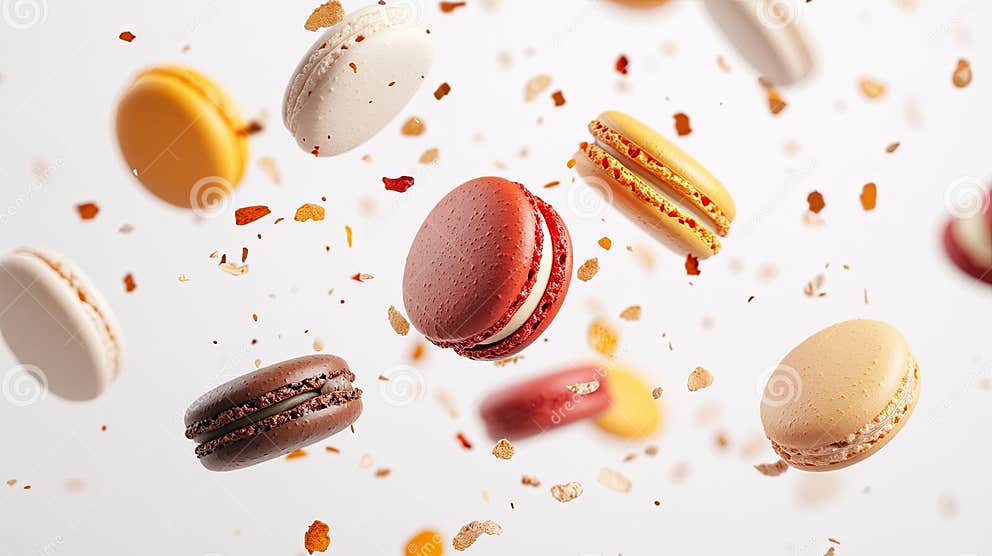 Different Types of Macaroons in Motion Falling on White Background ...