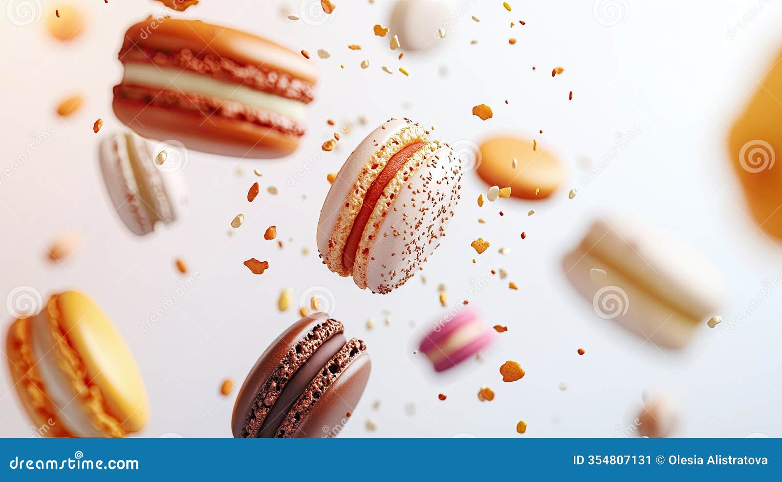 Different Types of Macaroons in Motion Falling on White Background ...