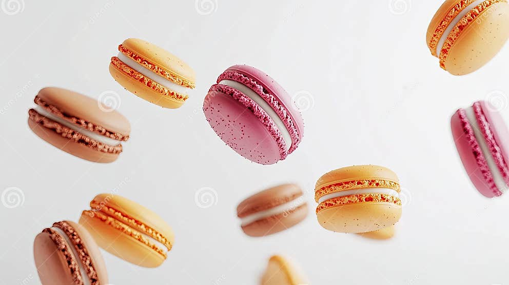 Different Types of Macaroons in Motion Falling on White Background ...