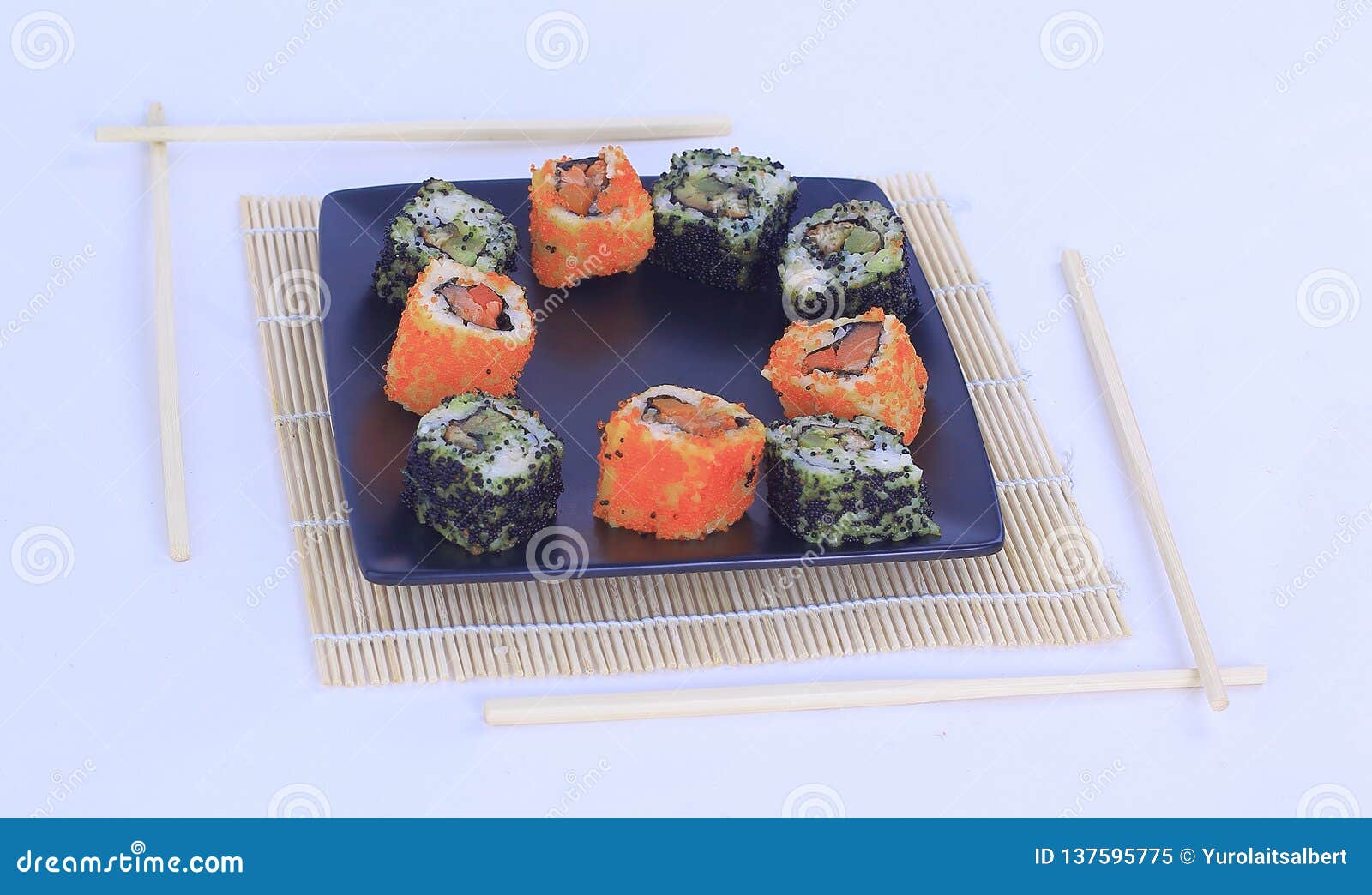 Different Types of Maki Sushi on a Black Plate Stock Image - Image of ...