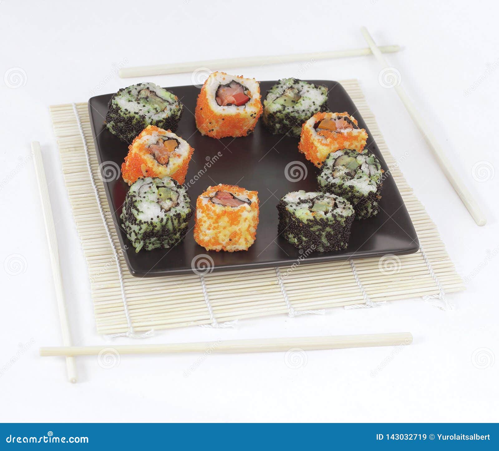 Different Types of Maki Sushi on a Black Plate Stock Image - Image of ...