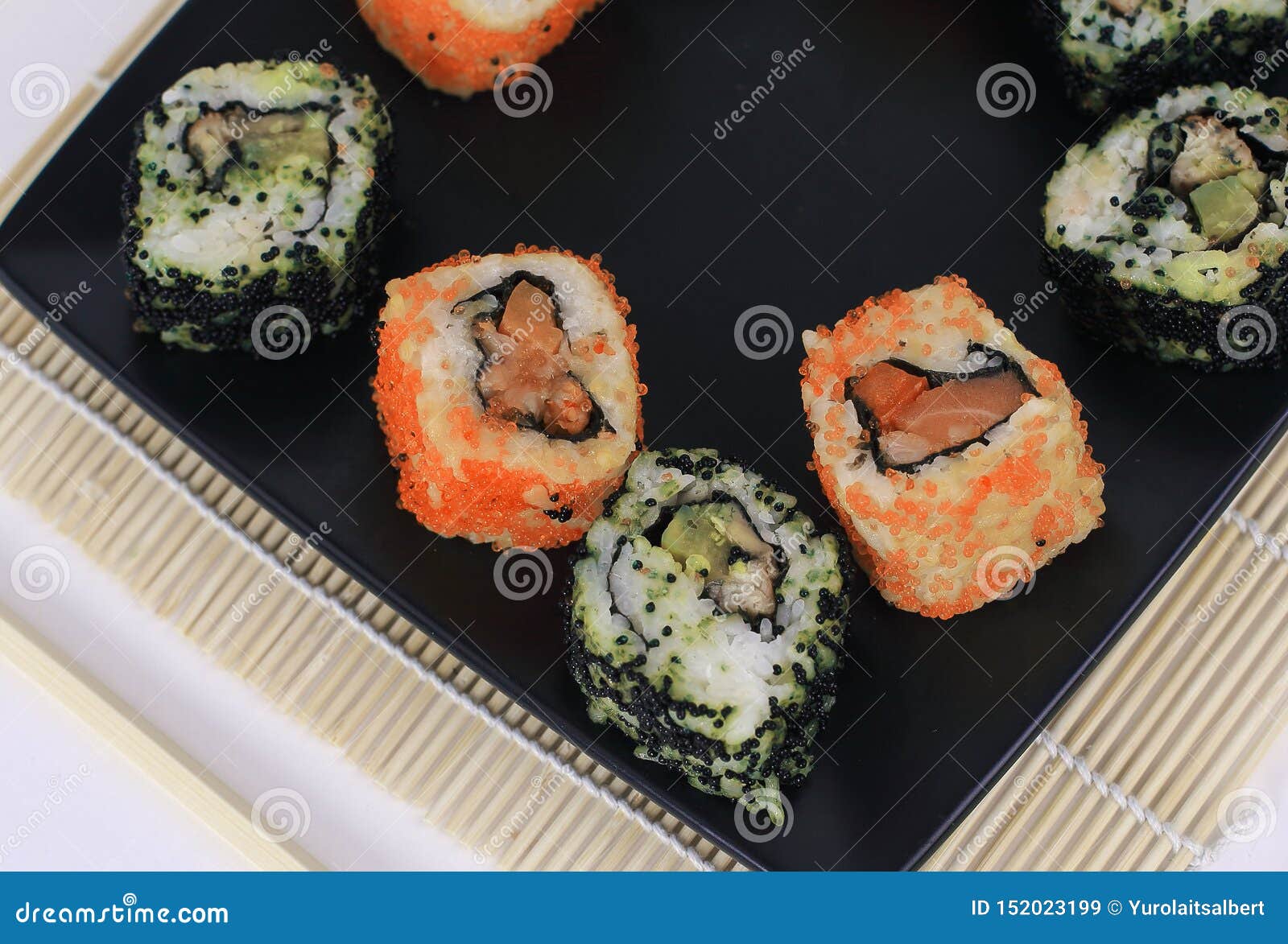 Different Types of Maki Sushi on a Black Plate Stock Image - Image of ...