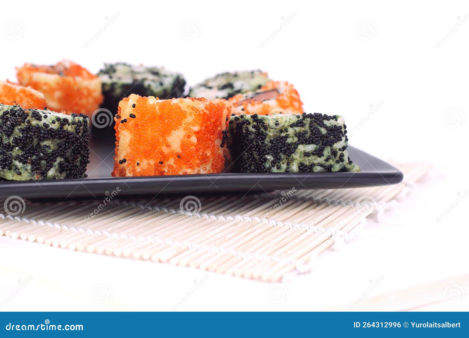 Different Types of Maki Sushi on a Black Plate Stock Photo - Image of ...