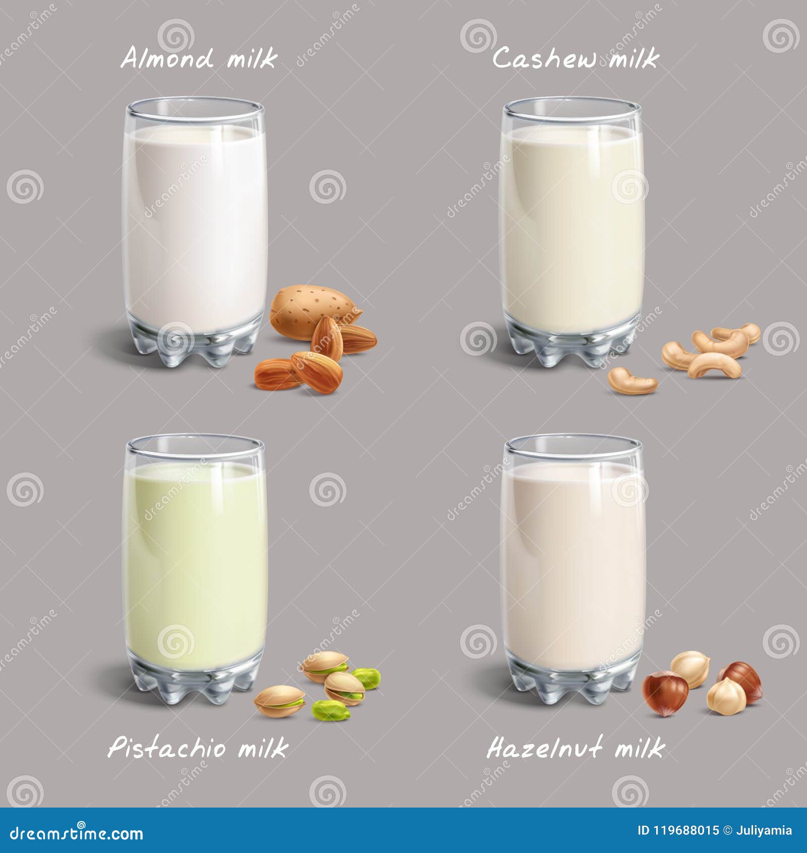 Different Types Of Non-dairy Milk. Vegan Nut-milk In Glass Stock Vector ...