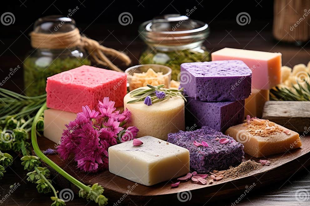 Different Types of Organic Soaps and Bath Sponges Stock Photo - Image ...