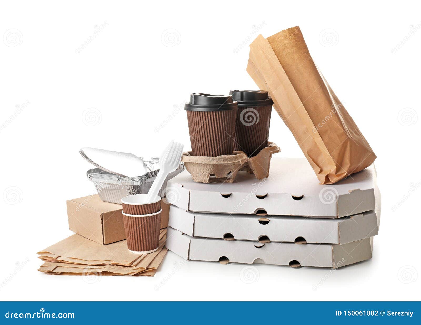 Different Types of Packages on White Background. Food Delivery Service ...