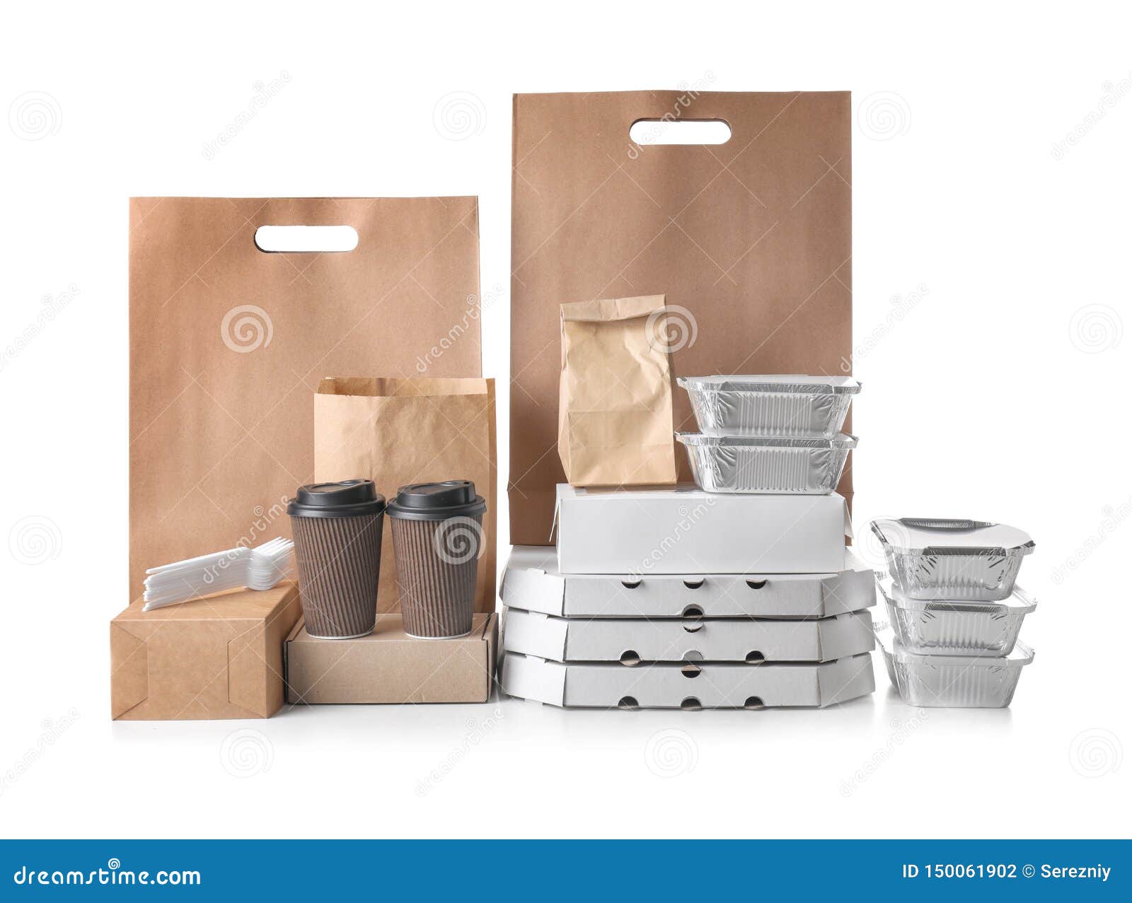 Different Types of Packages on White Background. Food Delivery Service ...